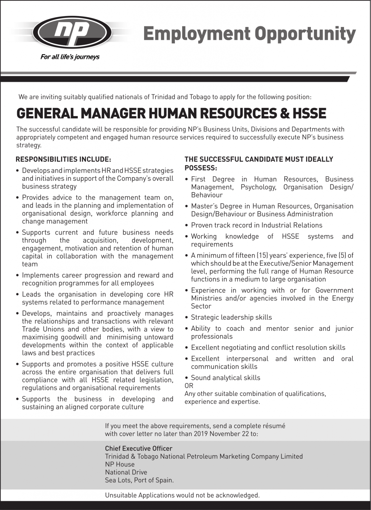Vacancies – Trinidad & Tobago National Petroleum Marketing Company Limited